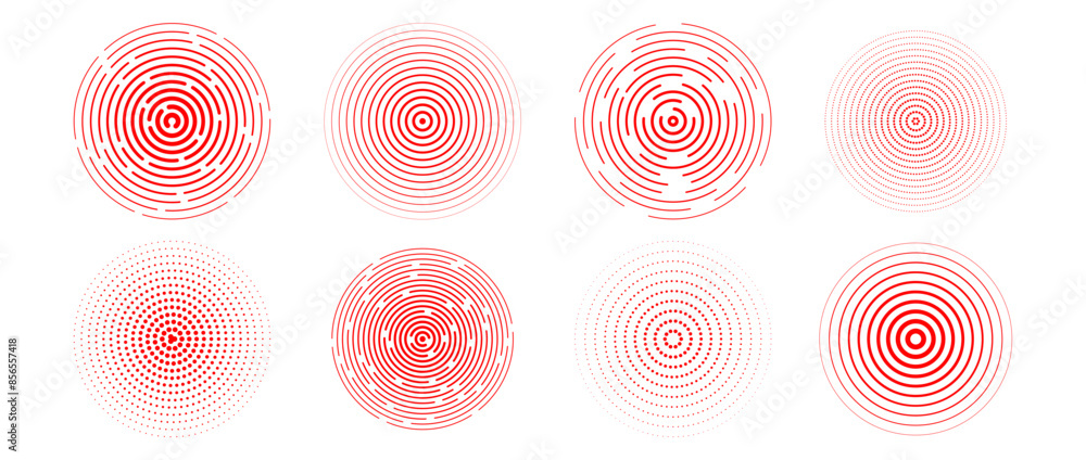 Red concentric circle set. Radial sonar or sound wave ring collection ...