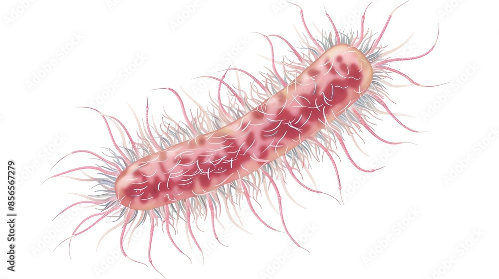 Microscopic view of a single bacterial cell with flagella, detailed ...