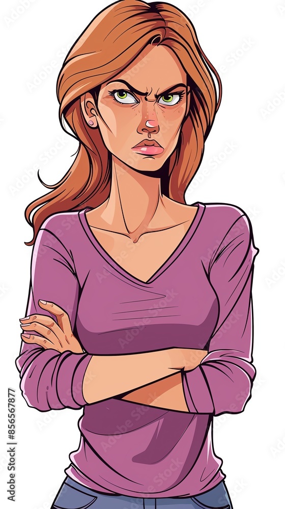 Cartoon illustration of an angry woman with crossed arms and a stern ...