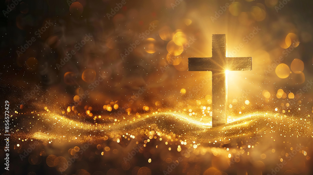 Religious cross in abstract wallpaper with shining gold sparkles and ...