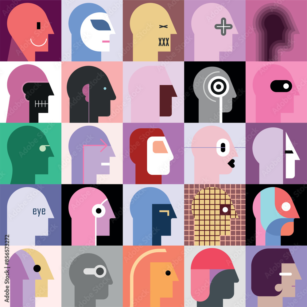 Human heads. Vector flat style graphic design elements. Tileable ...