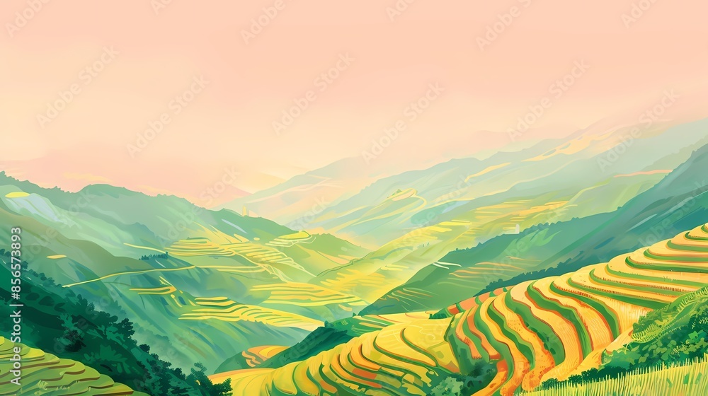 pink and green traditional terraced fields illustration poster ...