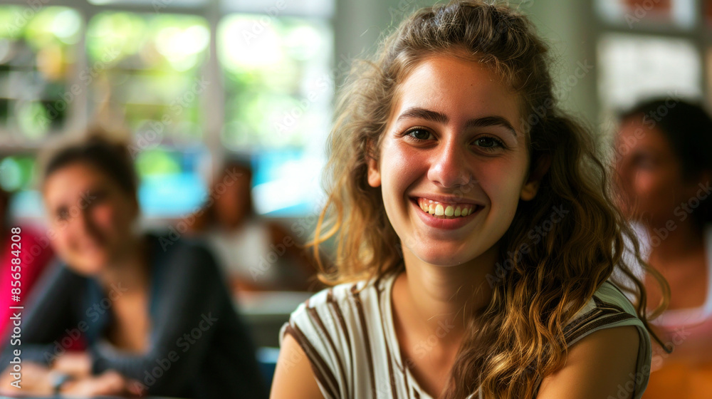 portrait cheerful female of student in the classroom to convey the ...