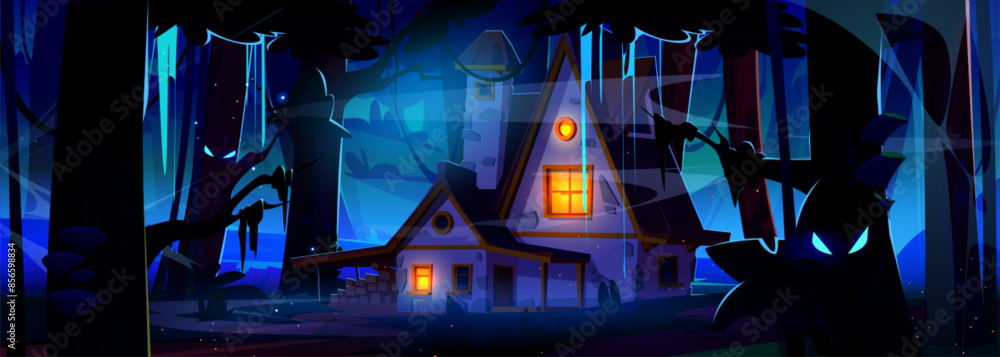 Spooky forest landscape with house under moon light. Creepy magic ...