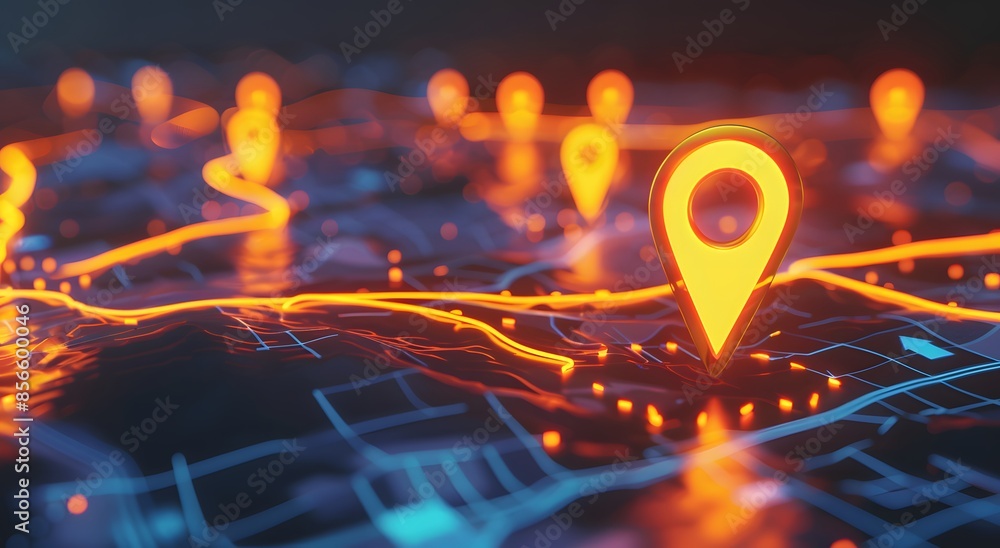 Digital map displaying location with colorful location pins and routes ...