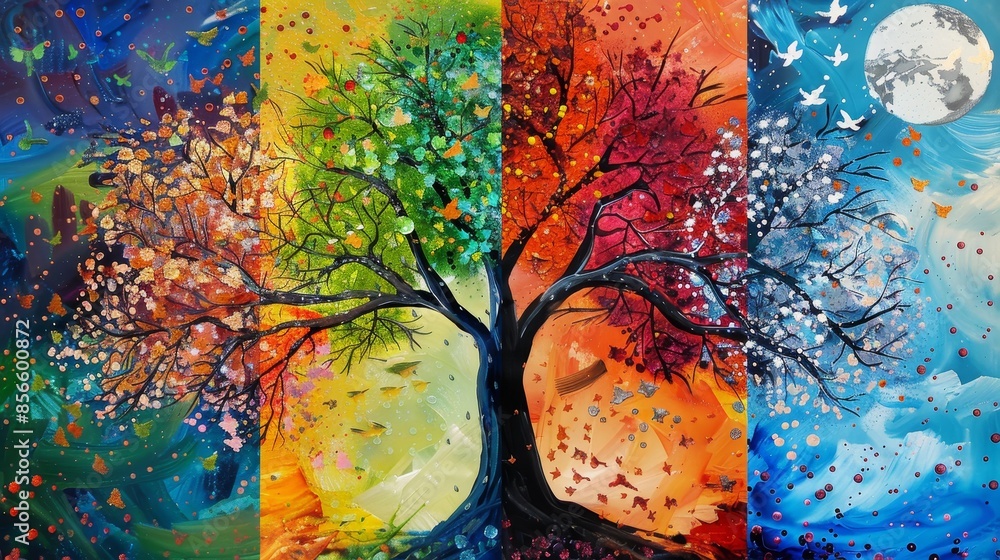 Tree depicting all four seasons, vibrant colors for each quarter ...