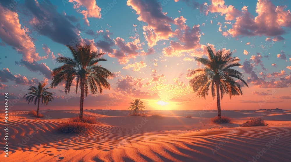 Beautiful desert sunset panorama, with palm trees and golden sands, raw ...