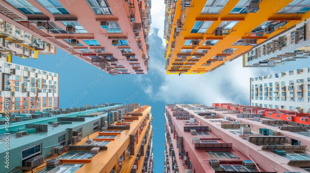 Central perspective looking up at apartment buildings from all four ...