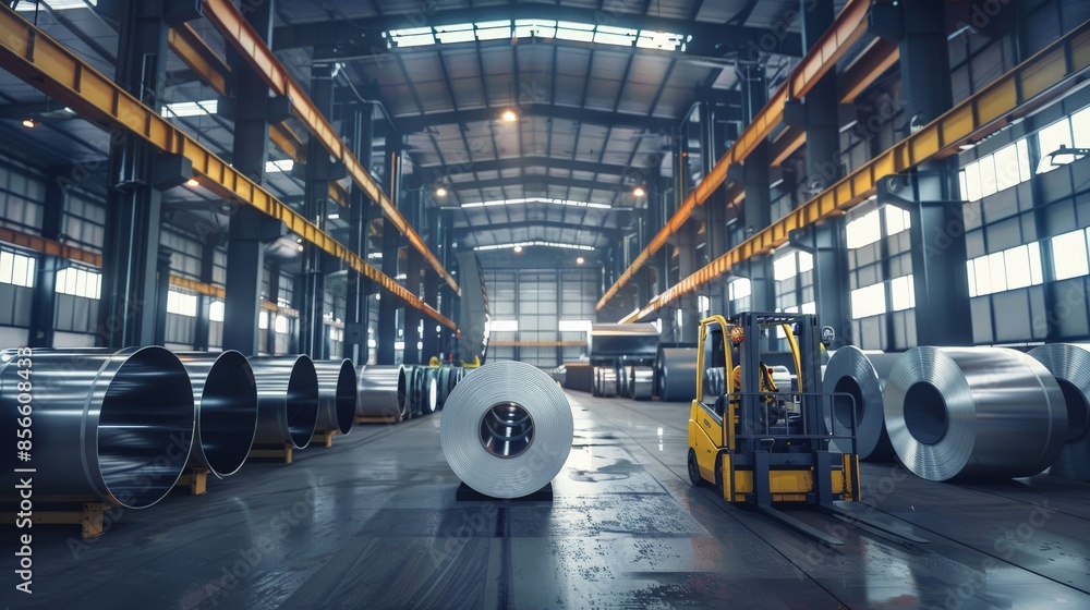 Forklift moving rolls of steel sheet inside a spacious industrial ...
