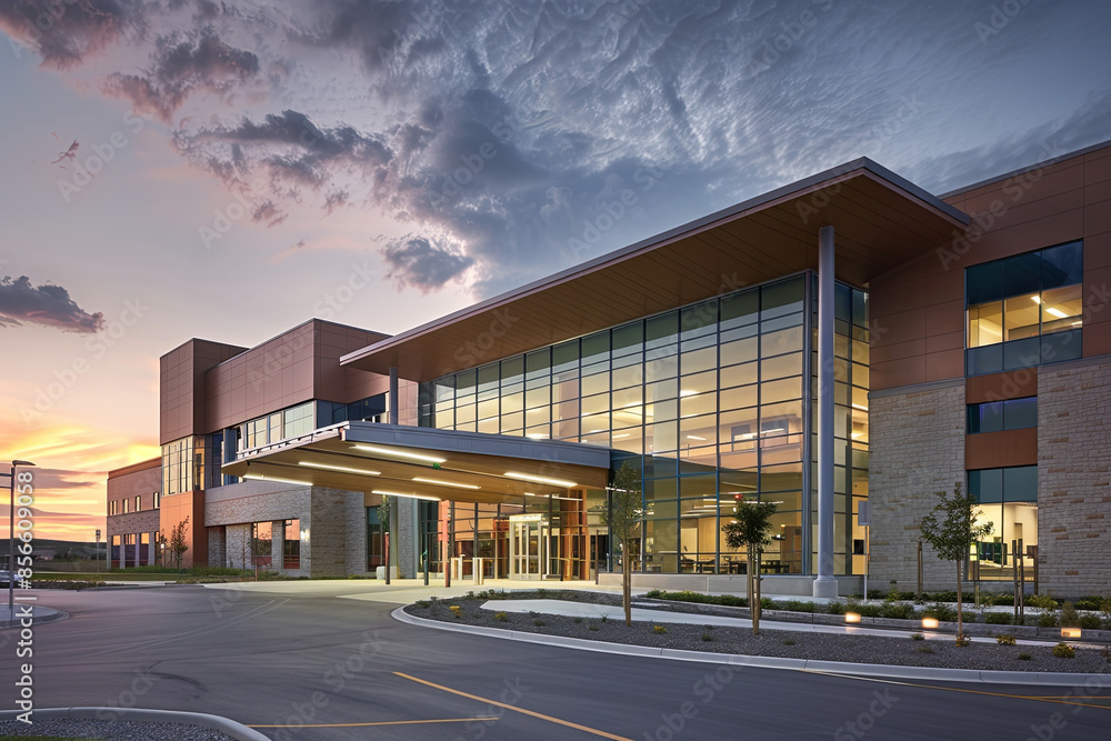 Static view of a hospital exterior, highlighting architectural details ...