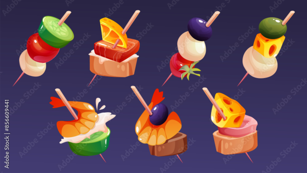 Finger food on toothpick skewer. Cartoon vector set of canape appetizer ...