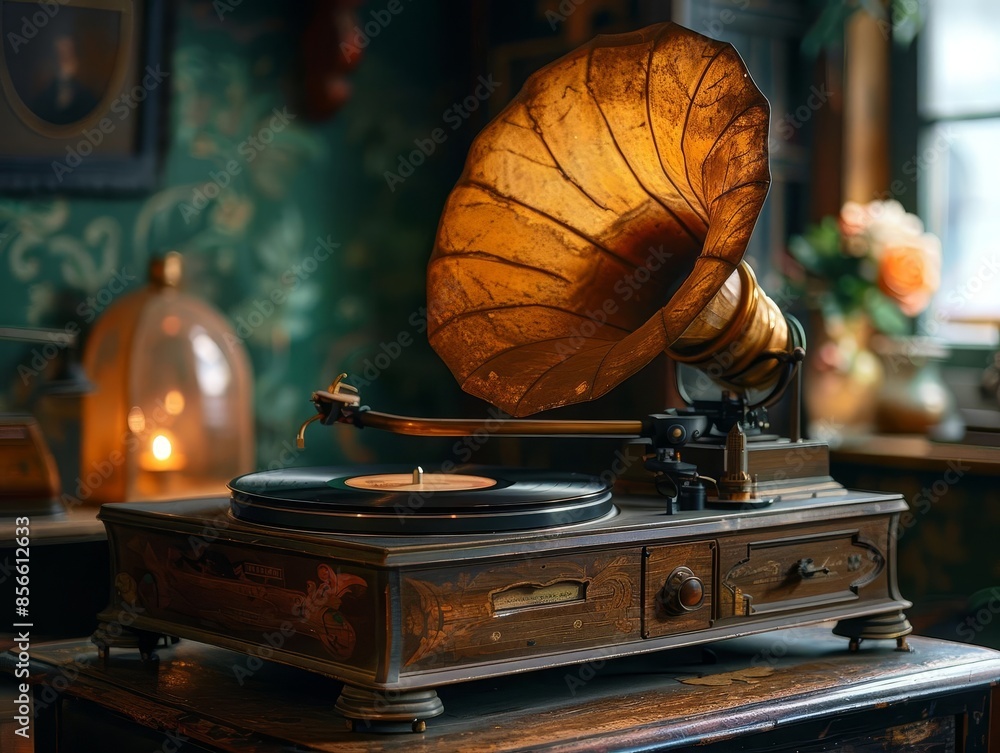 Vintage gramophone with a classic horn speaker, playing a vinyl record ...