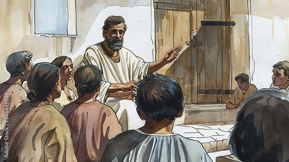 Apostle Paul Teaching in Home of Lydia in Philippi, Focused Faces of ...