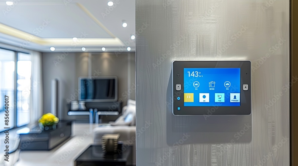 A modern touchscreen control panel mounted on a sleek wall in a smart ...