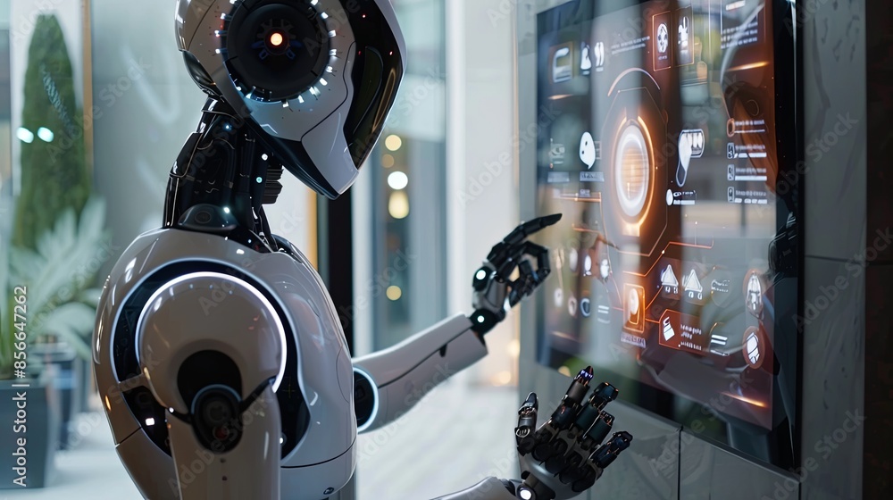 A humanoid robot with a sleek, white exterior interacts with a touchscreen interface, displaying ...