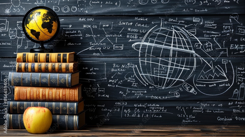 classroom background with books and apple, a globe icon on a stack of ...