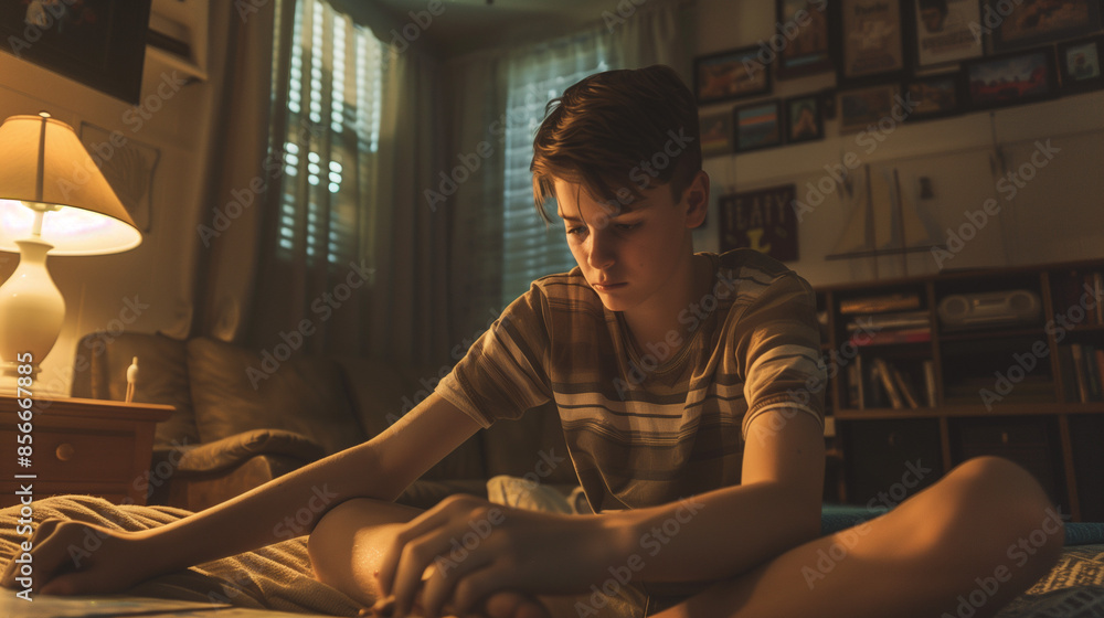 Pre-Teen Boy Focused at Home.A pre-teen boy is deeply engrossed in ...