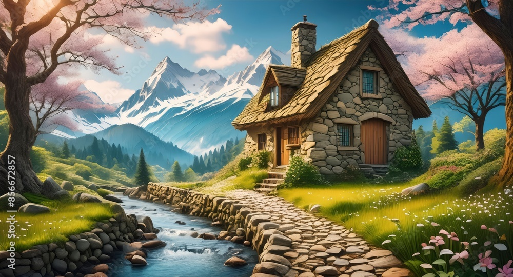 Beautiful cozy dreamy stone cottage in a spring forest, next to a ...