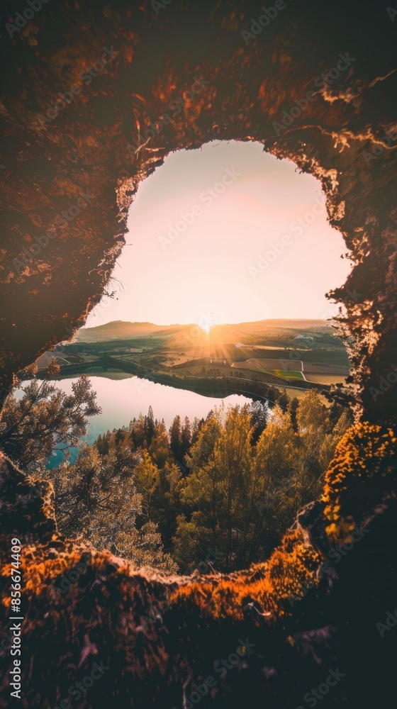 Scenic landscape view during golden hour, framed by the natural opening ...