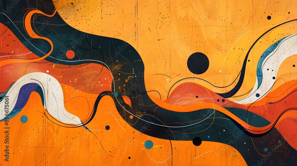 Vibrant abstract art featuring curvy shapes and lines in a warm color ...