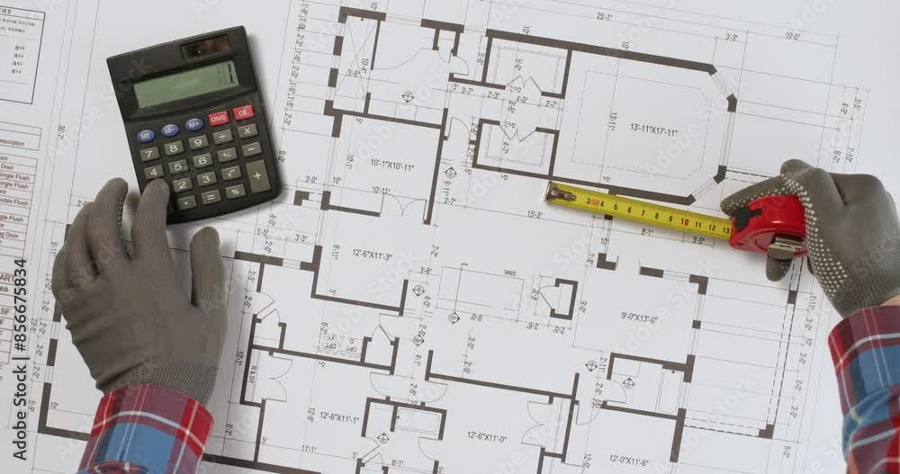 Builder checks sizes of rooms adding numbers on calculator on floor ...