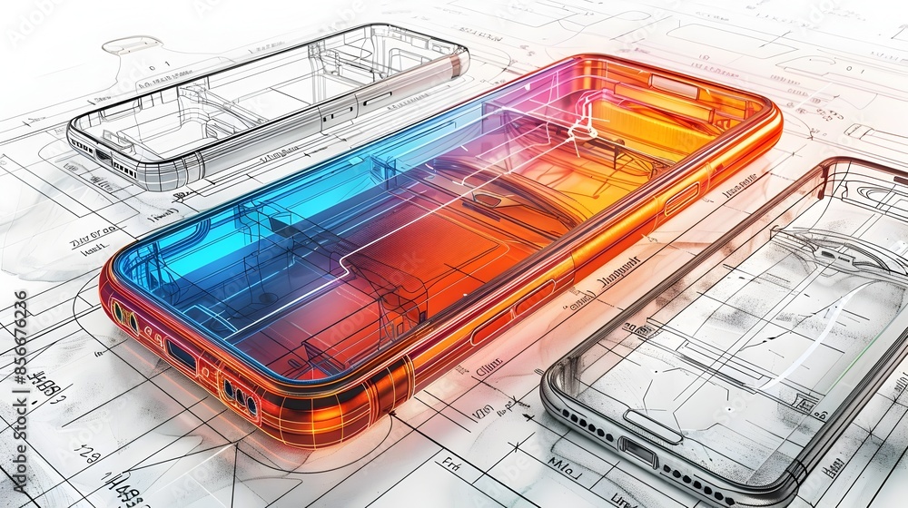 Detailed Schematic Line Drawing of a Modern Smartphone with Precise ...