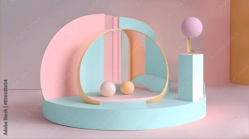 Colorful miniature 3d circular shape podium for product review, pastel ...