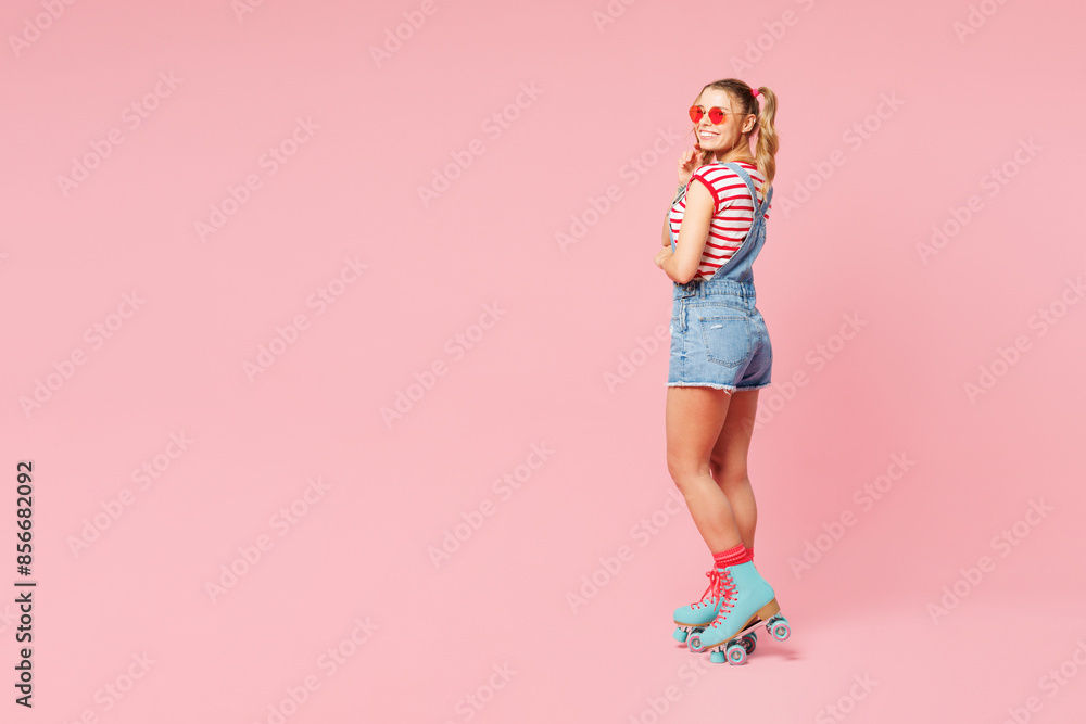 Full body side profile view young woman wear red t-shirt denim overalls ...