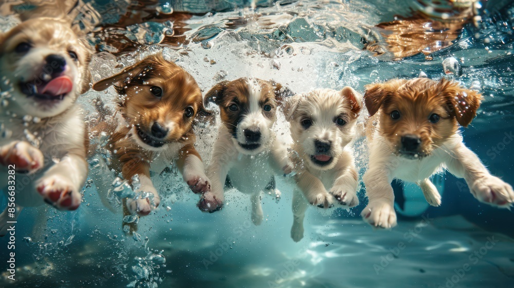 In this funny underwater picture, puppies are in the swimming pool ...