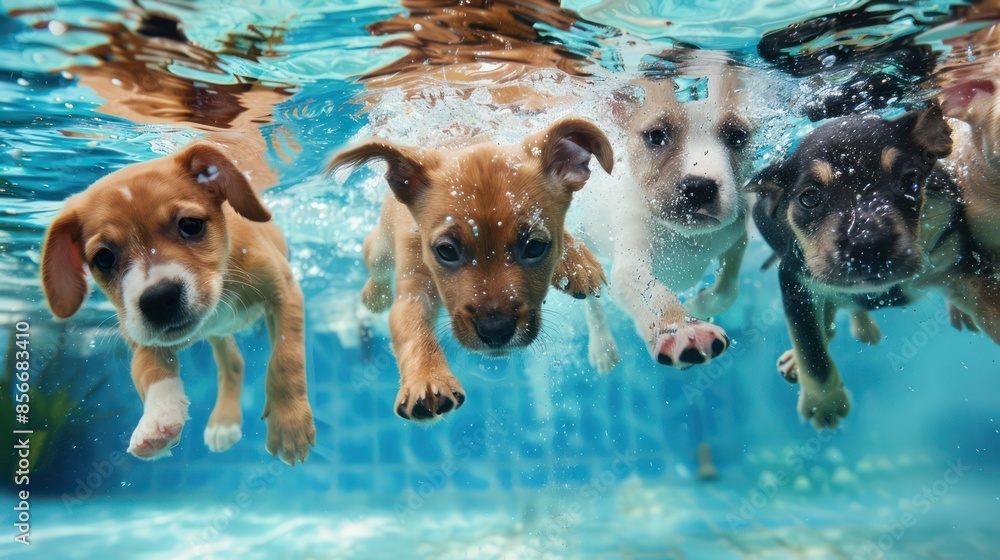 In this funny underwater picture, puppies are in the swimming pool ...