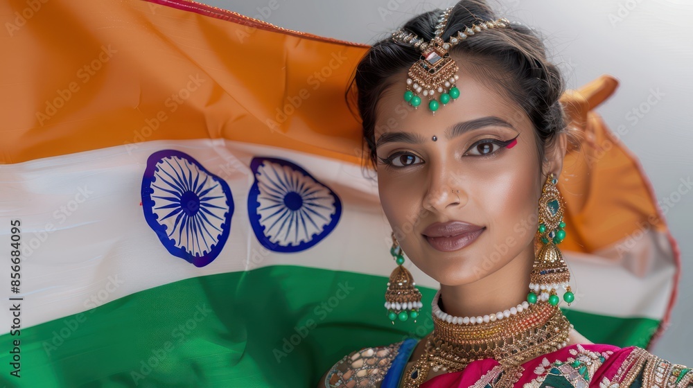 Indian flag waving in front of Indian model, charming, incredible ...
