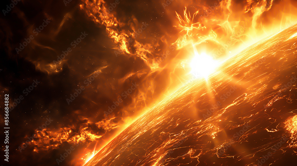 Abstract apocalyptic background, solar storm in the universe, burning ...