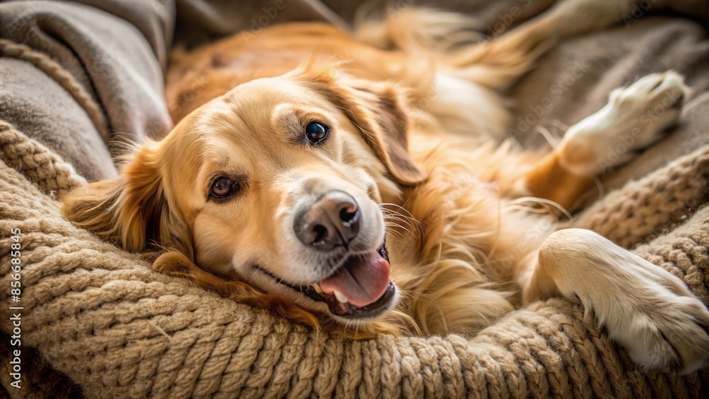 Adorable golden retriever dog relaxes on its back, paws curled up ...