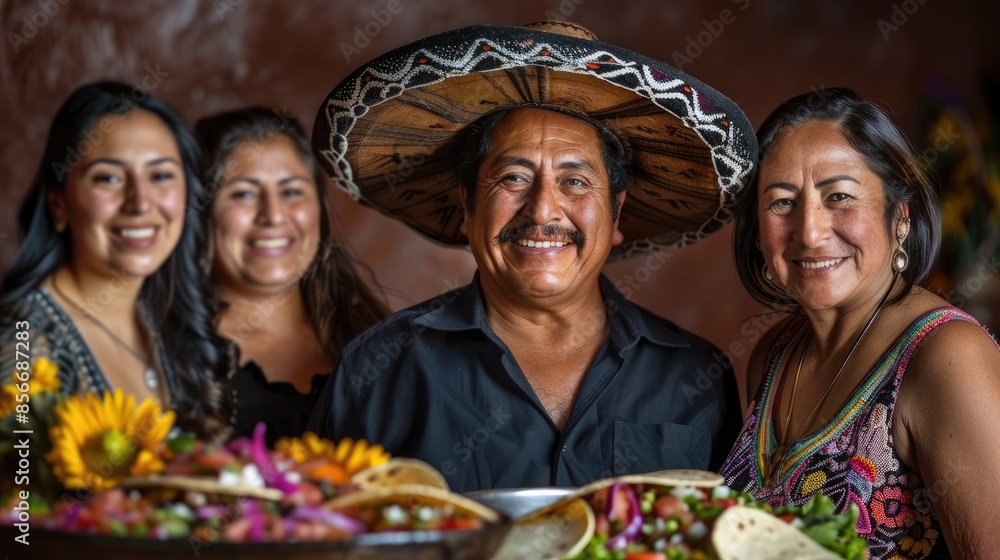 smiling Mexican man wears traditional near the platters filled with ...