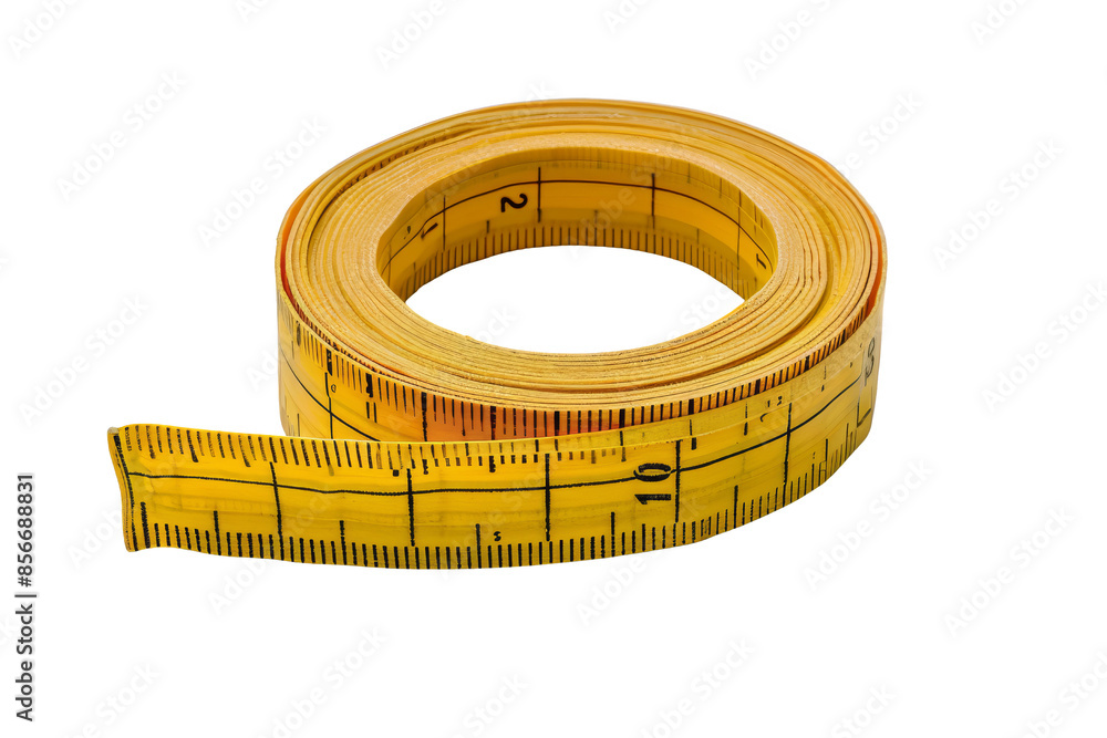 Yellow measuring tape in a rolled-up position, used to measure length ...