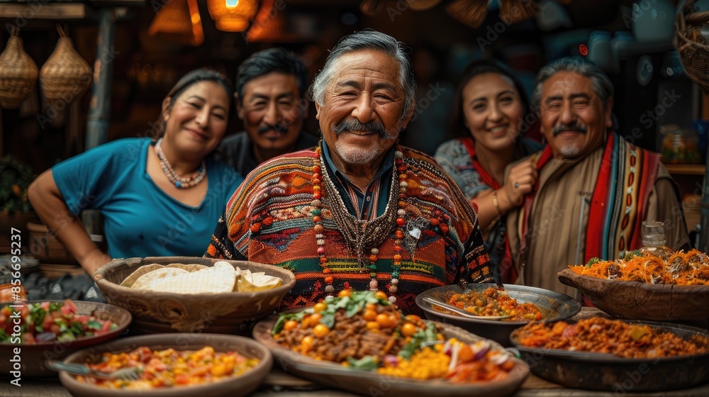 smiling Mexican man wears traditional near the platters filled with ...