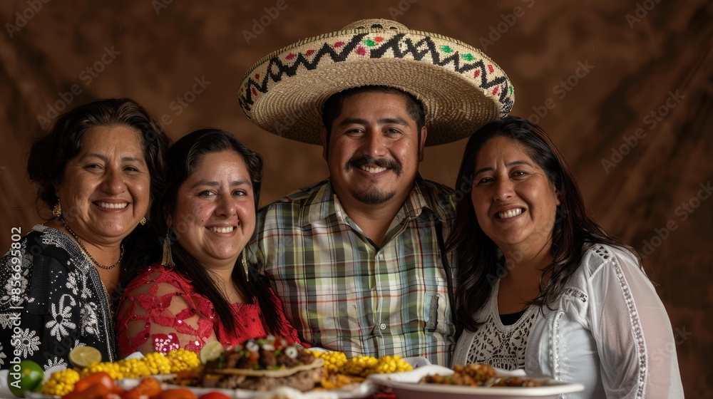 smiling Mexican man wears traditional near the platters filled with ...