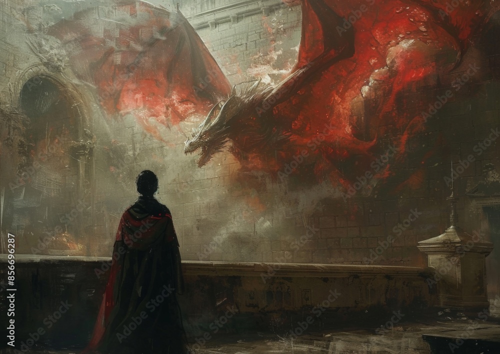 Person stands on a stone balcony, looking up at a red dragon flying ...