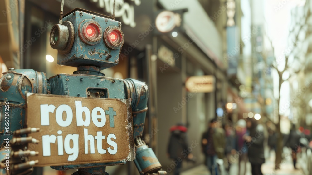 Robot Protesting for Rights in Urban Setting - A robot holding a sign ...