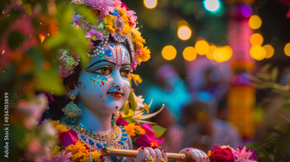 Janmashtami festival in India, people gather around the statue of Lord ...