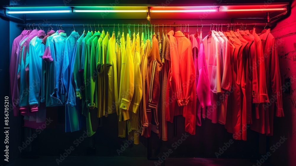 Clothes rack bursting with vibrant colors under neon lights, showcasing ...