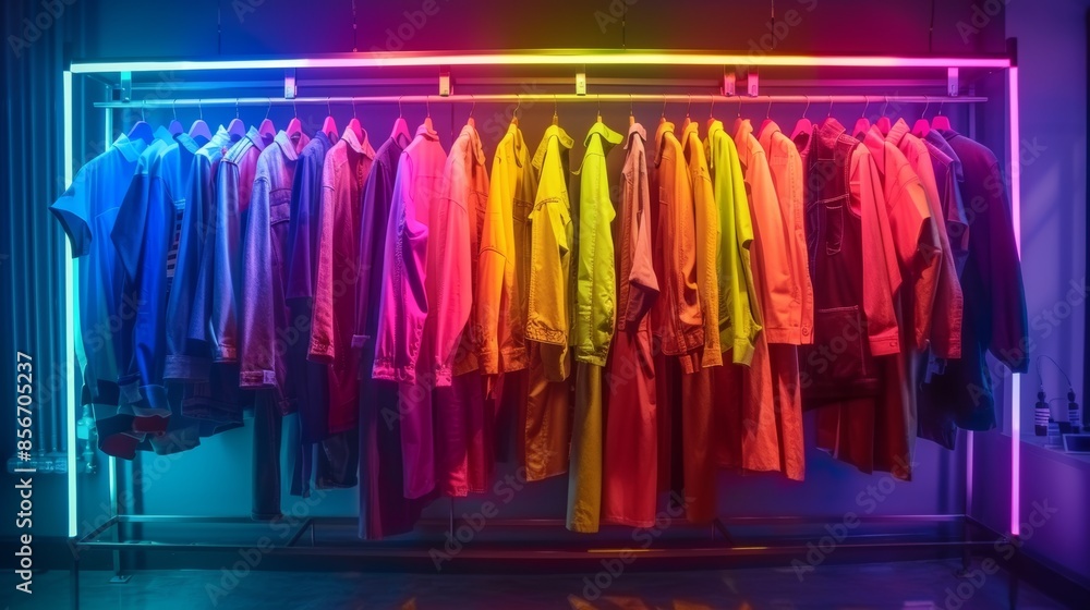 Clothes rack bursting with vibrant colors under neon lights, showcasing ...