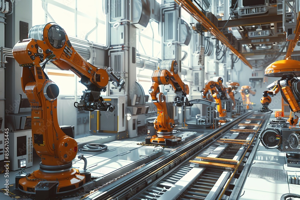 A line of orange robotic arms work seamlessly in a clean, high-tech ...
