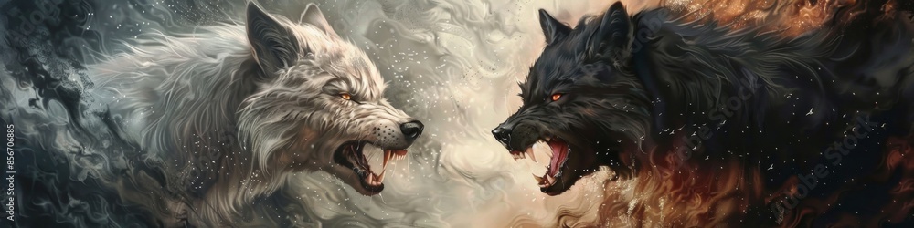 Conceptual Art Depicting Duality: Two Fierce Wolves Facing Each Other ...