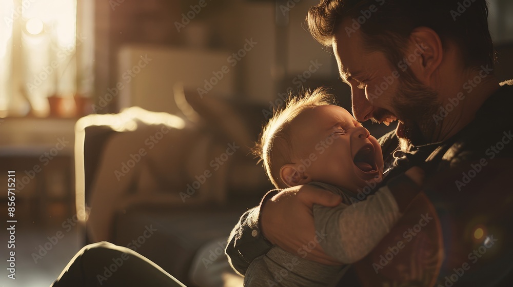 Realistic uhd stock photo father soothing crying baby in warmly lit ...
