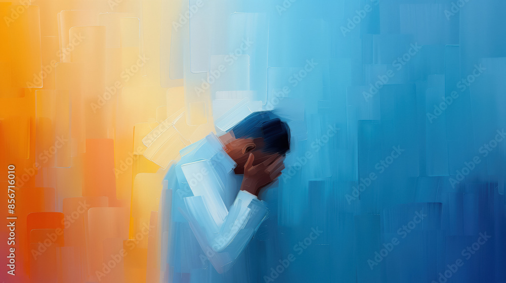 Abstract painting of a man in a praying position with a gradient ...