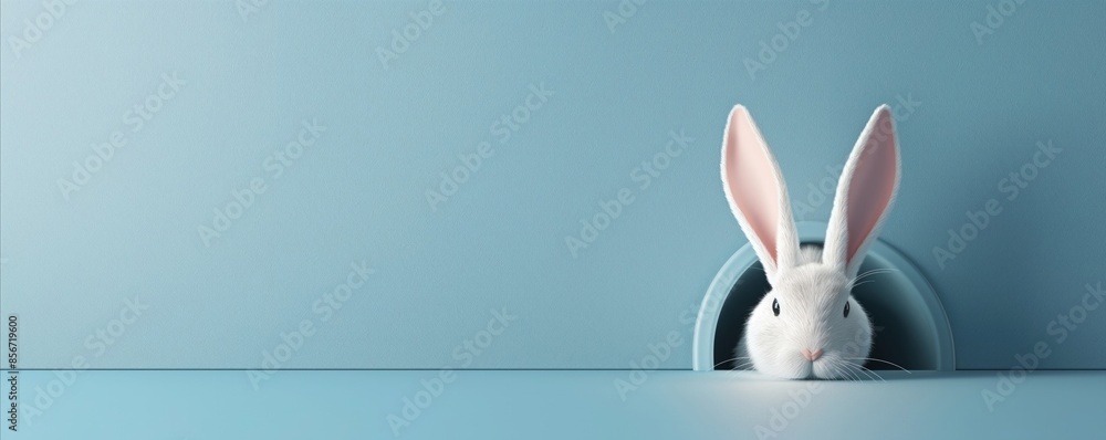 Adorable white rabbit peeking through a hole in a blue background ...