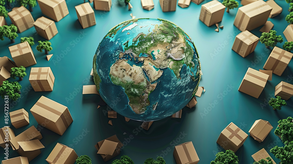 Earth world map surrounded by cardboard, The concept of parcel delivery ...