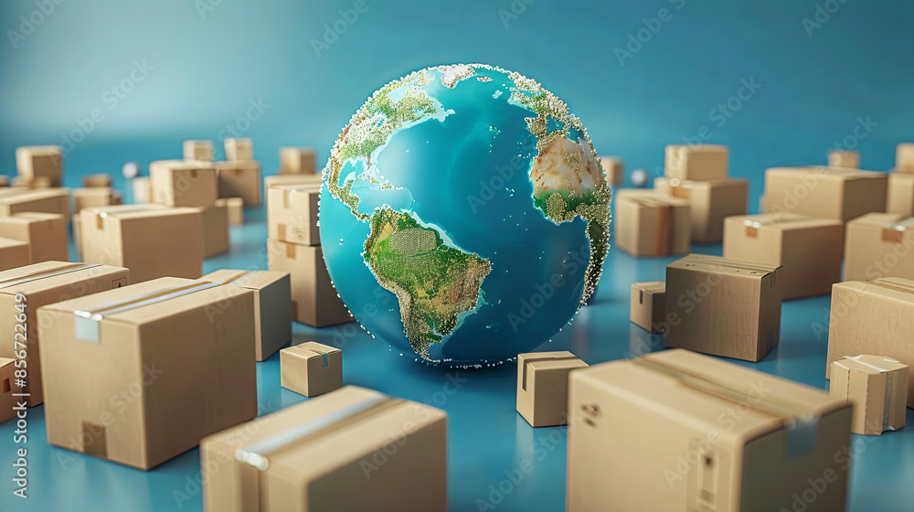 Earth world map surrounded by cardboard, The concept of parcel delivery ...