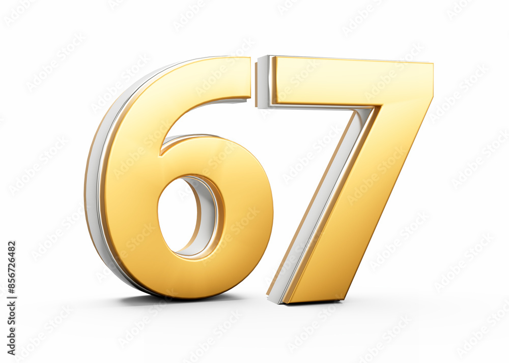 3D Golden Shiny Number 67 Sixty Seven With Silver Outline On White ...